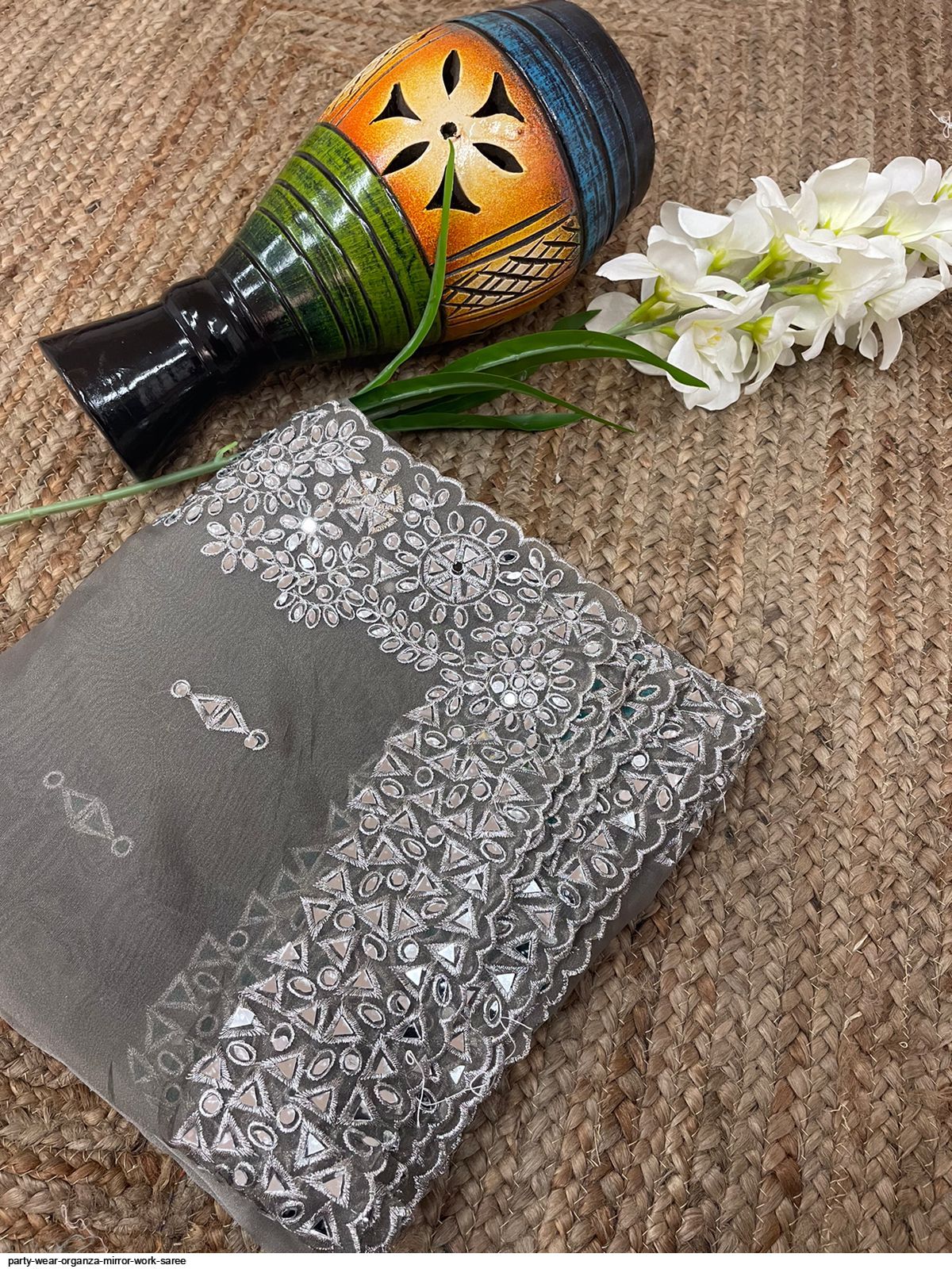 PARTY WEAR ORGANZA MIRROR WORK SAREE