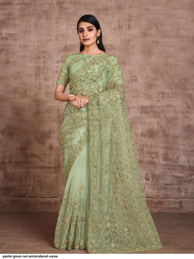 Pastel Green Net EMBROIDERED Saree