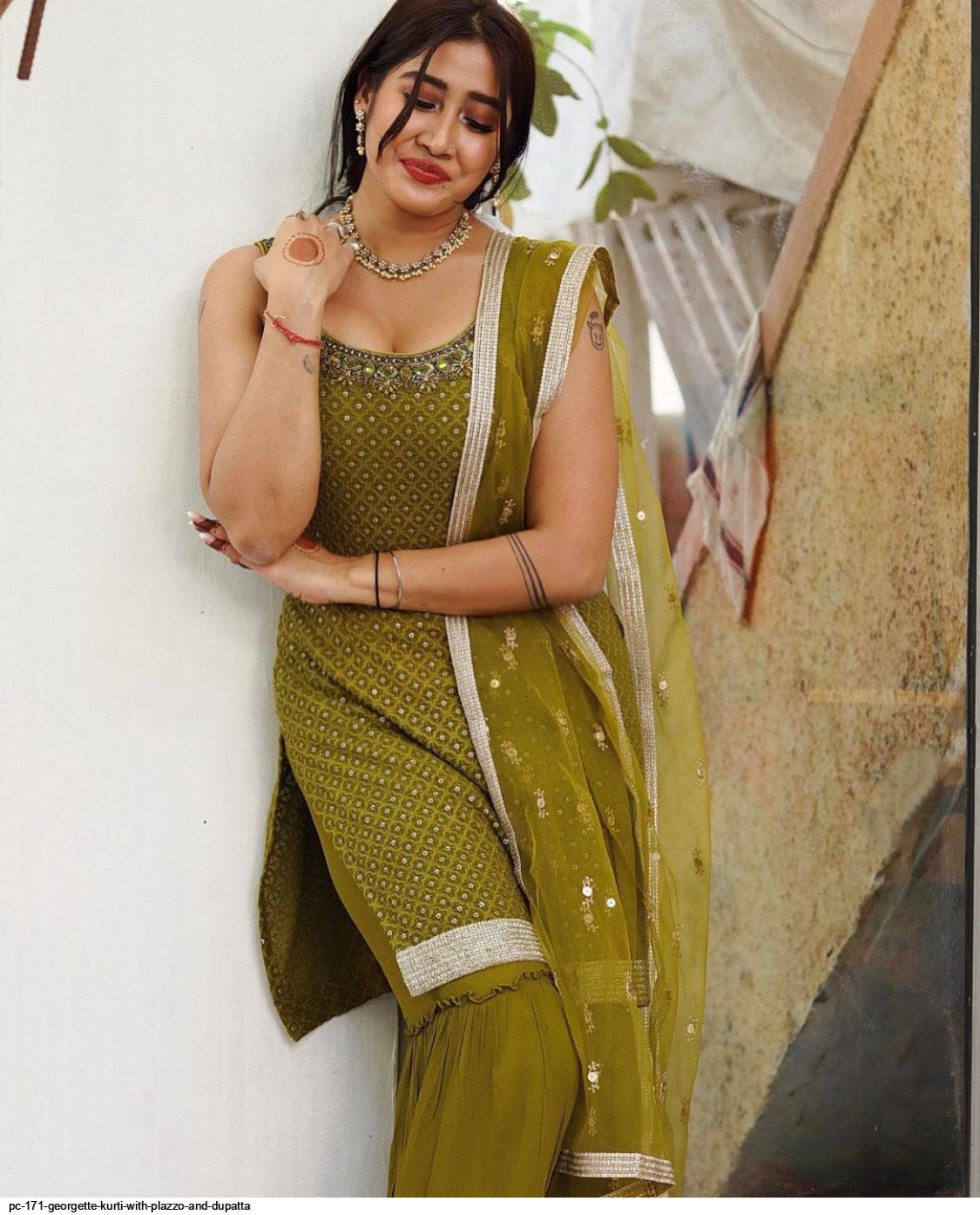 pc 171 georgette kurti with plazzo and dupatta