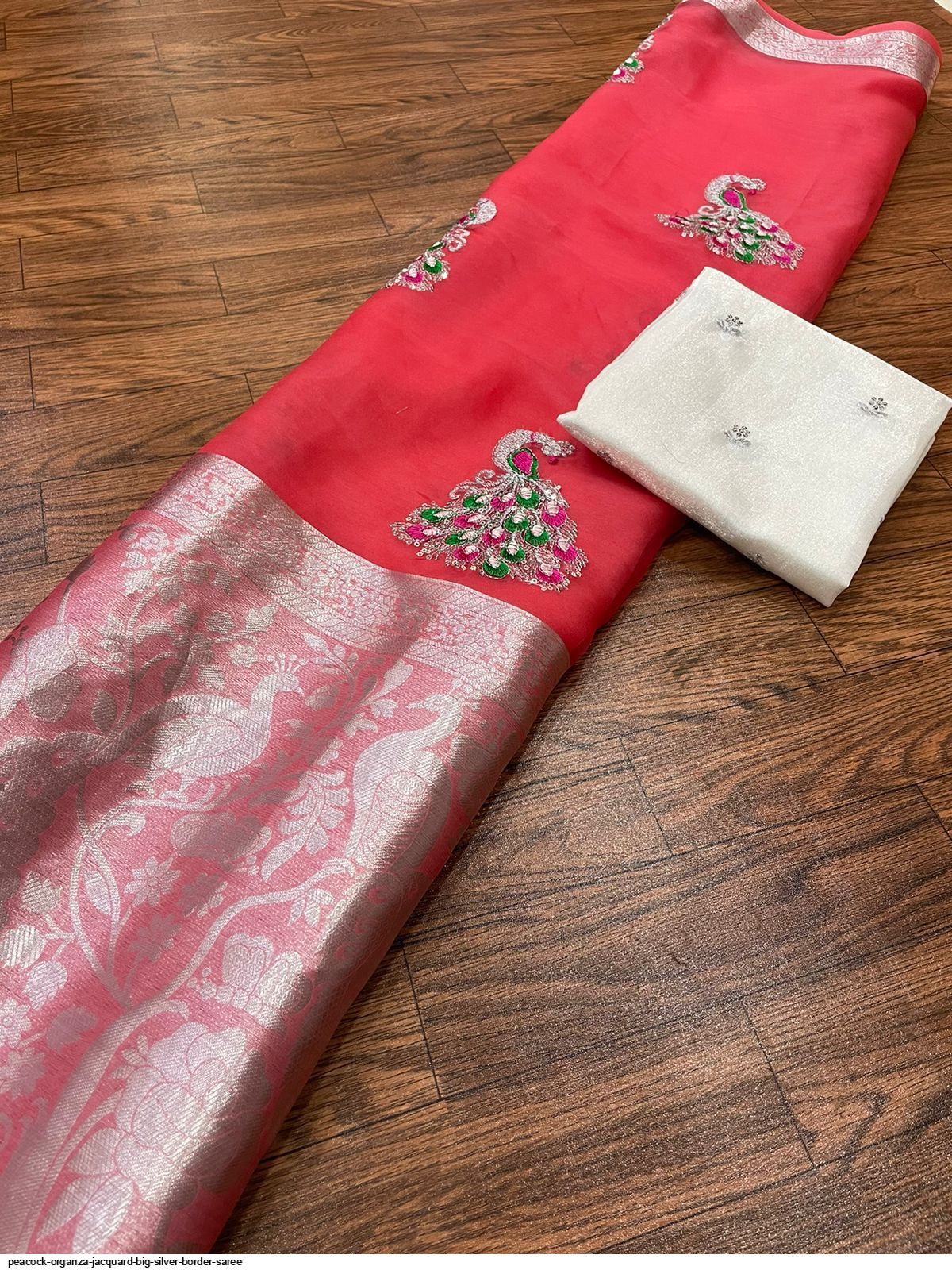PEACOCK ORGANZA JACQUARD BIG SILVER BORDER SAREE