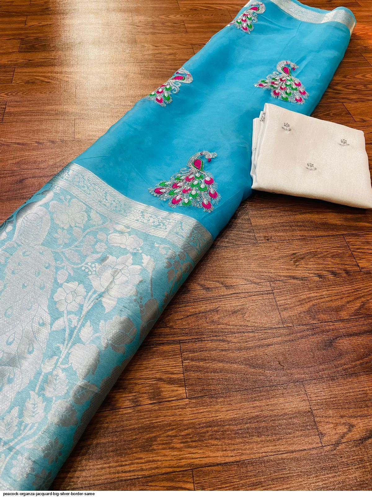 PEACOCK ORGANZA JACQUARD BIG SILVER BORDER SAREE