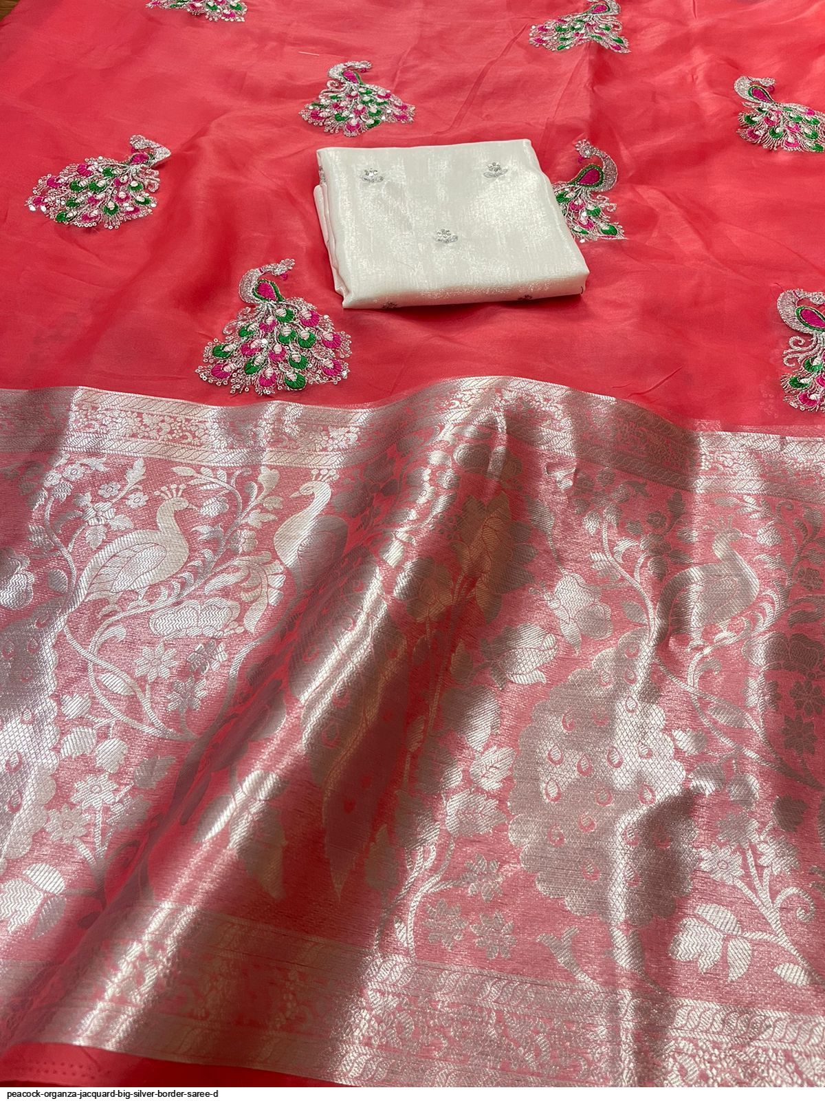 PEACOCK ORGANZA JACQUARD BIG SILVER BORDER SAREE