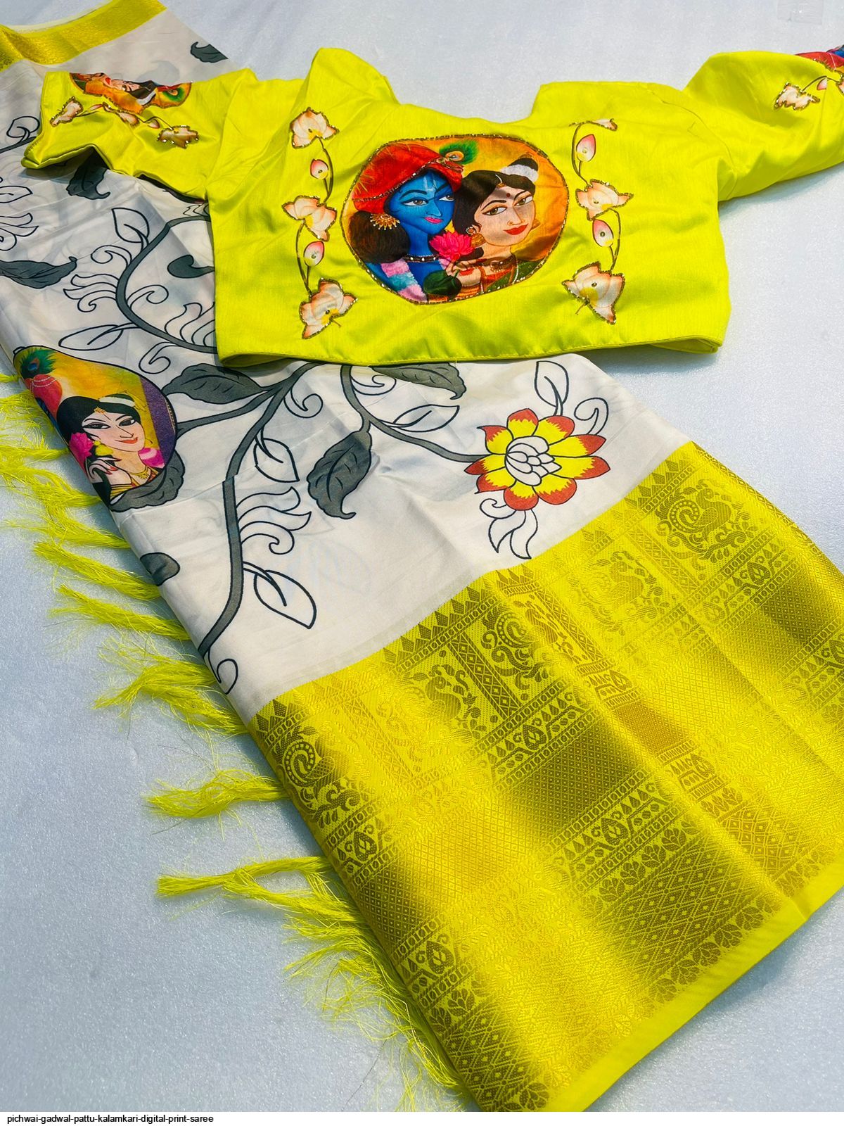 Pichwai Gadwal Pattu Kalamkari Digital Print saree