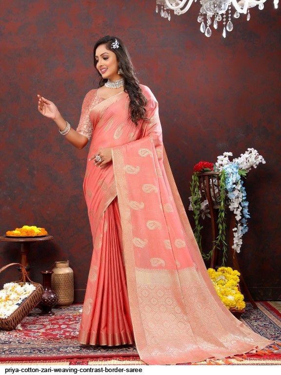 PRIYA Cotton zari weaving contrast border SAREE
