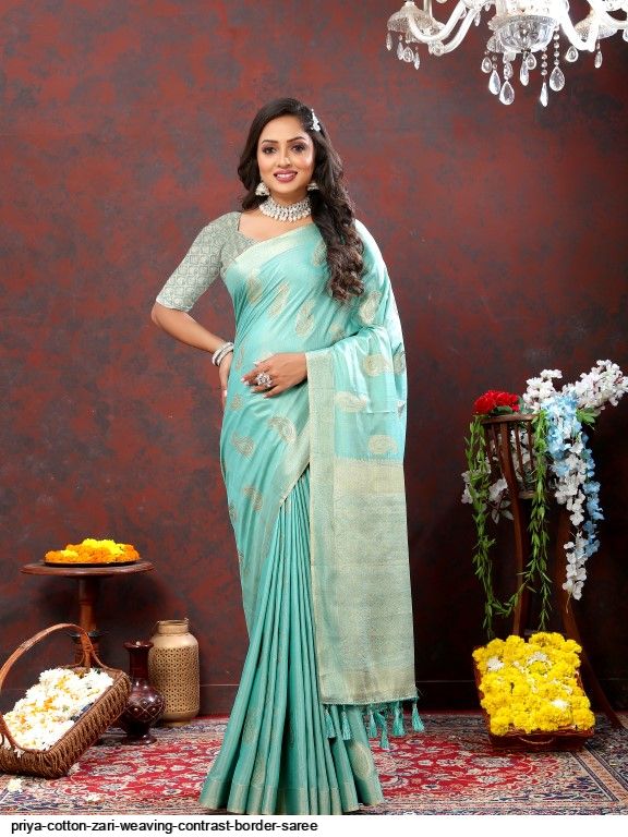 PRIYA Cotton zari weaving contrast border SAREE