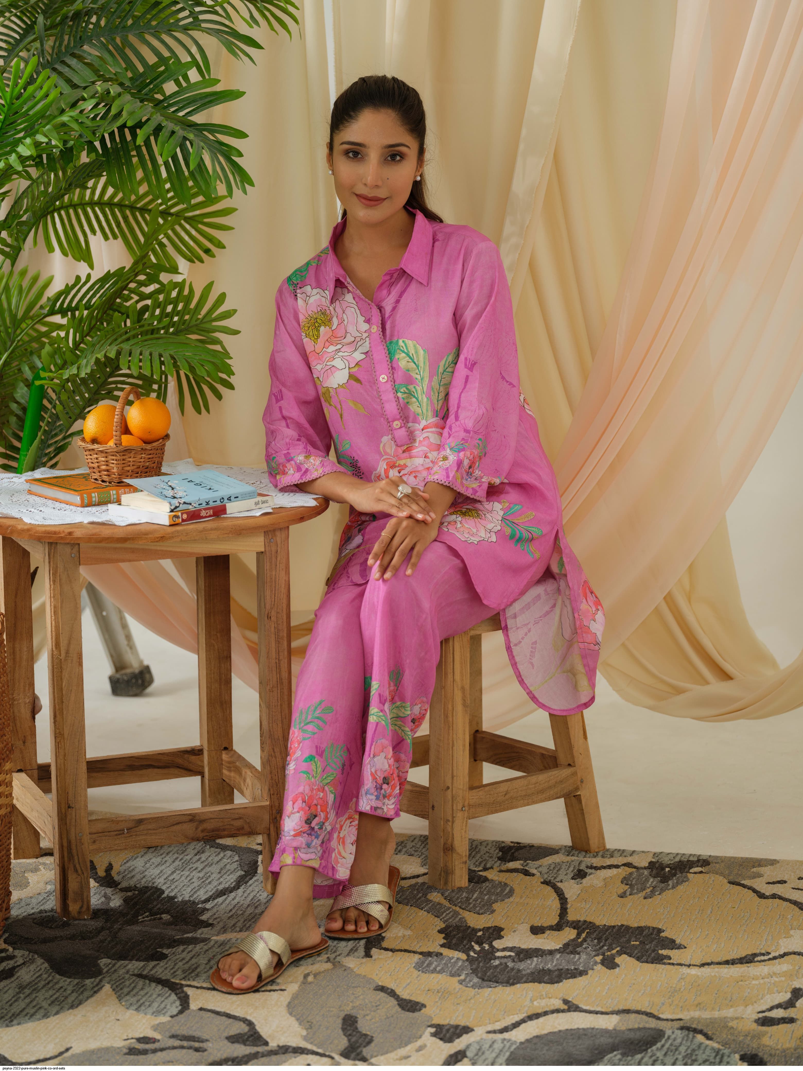 Psyna 2322 Pure Muslin pink CO ORD SETS