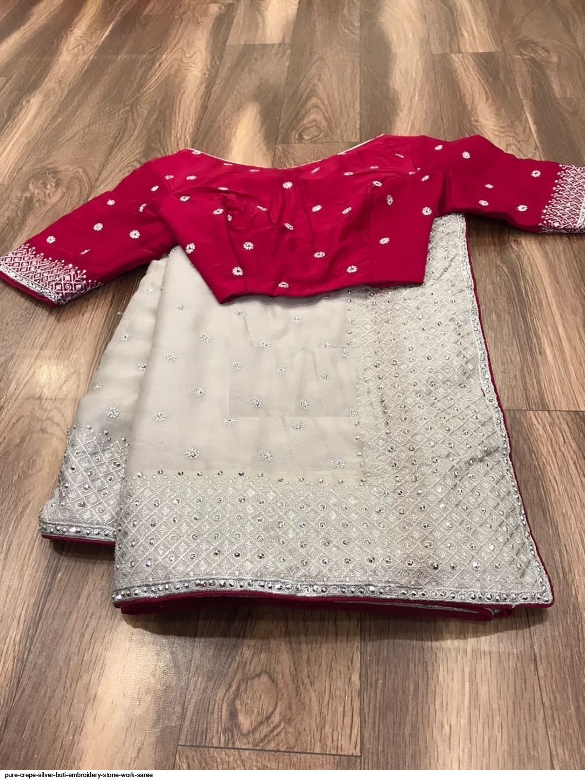 Pure crepe silver Buti embroidery stone work SAREE