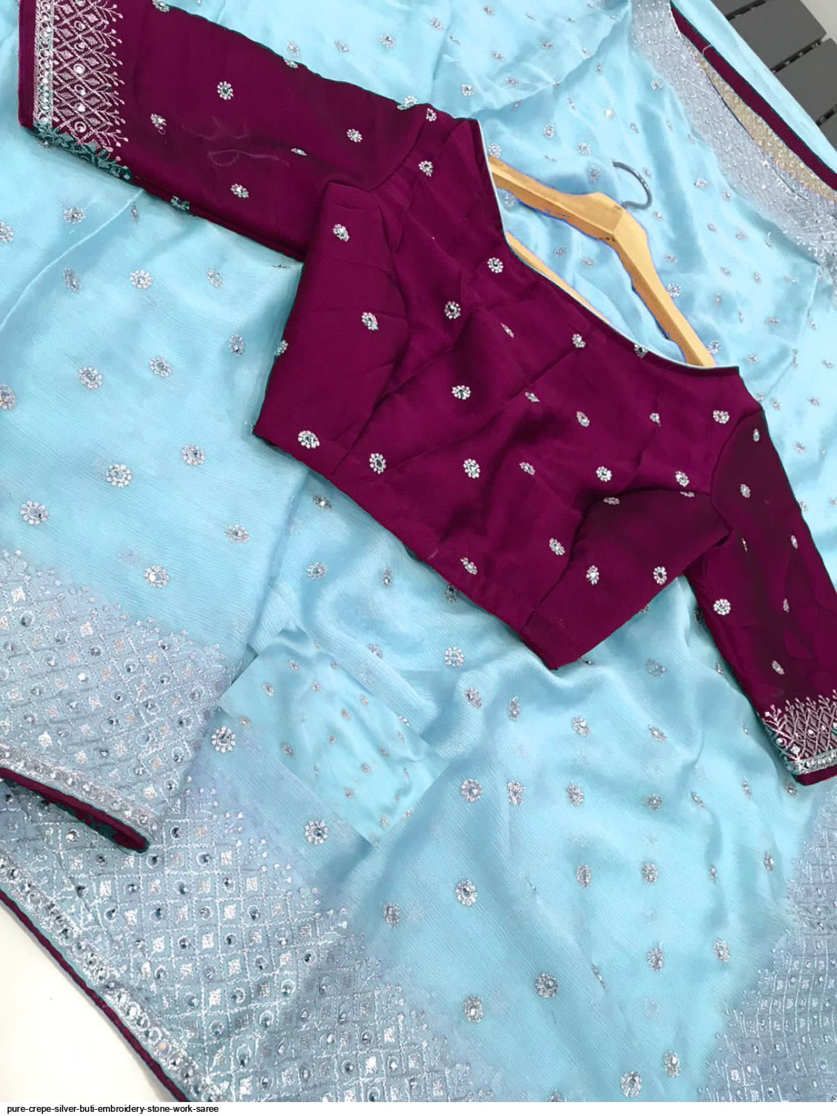 Pure crepe silver Buti embroidery stone work SAREE