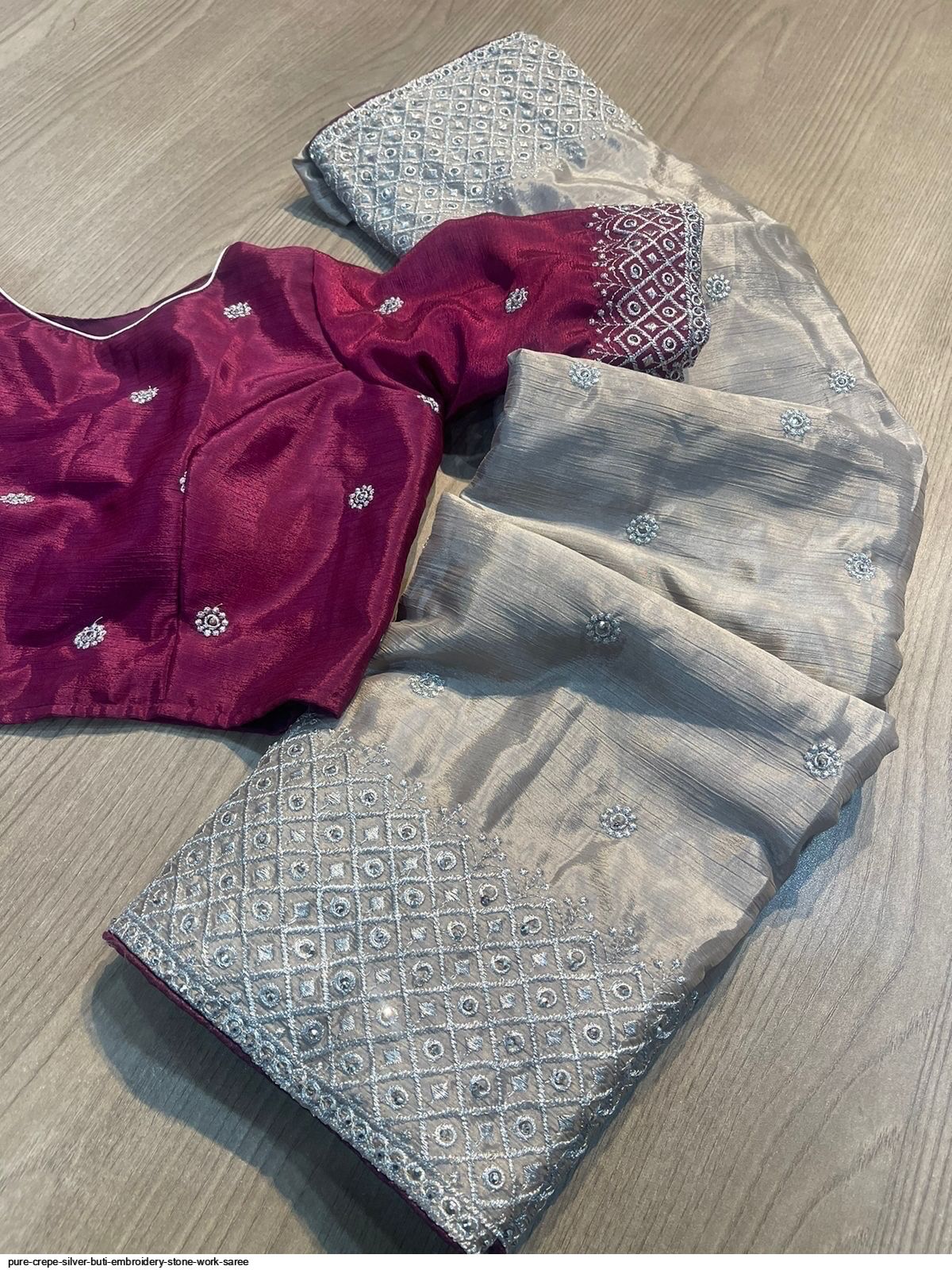 Pure crepe silver Buti embroidery stone work SAREE