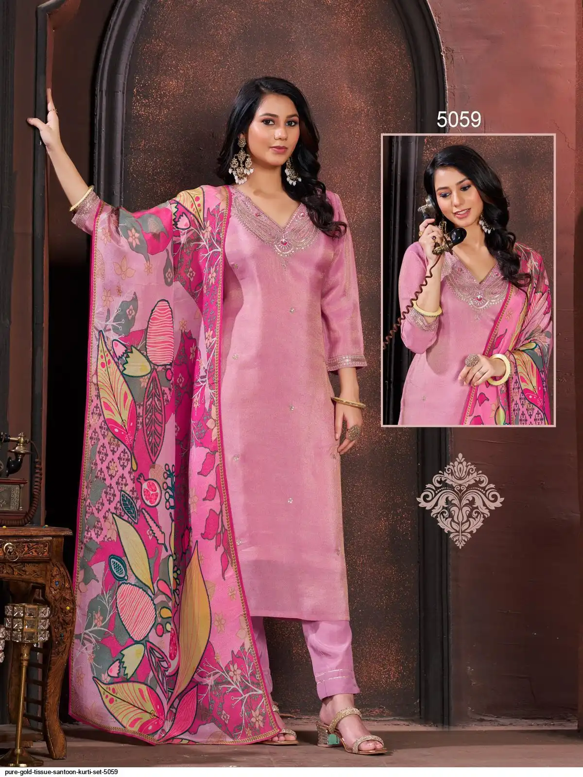 Pure Gold Tissue Santoon kurti set 5059