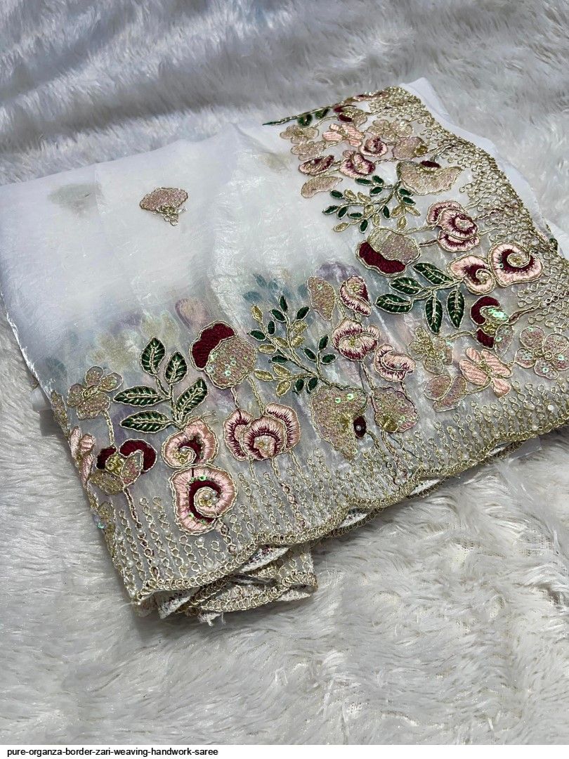 Pure Organza Border Zari Weaving Handwork saree