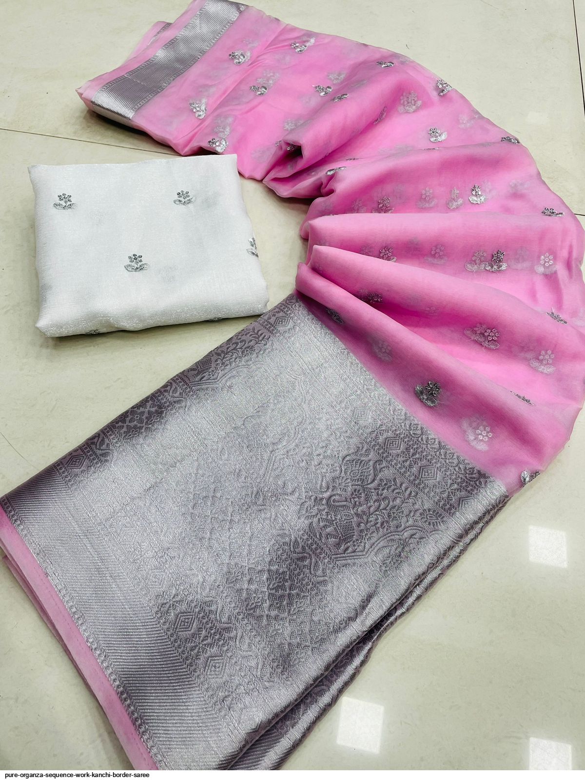 Pure organza sequence work Kanchi border saree