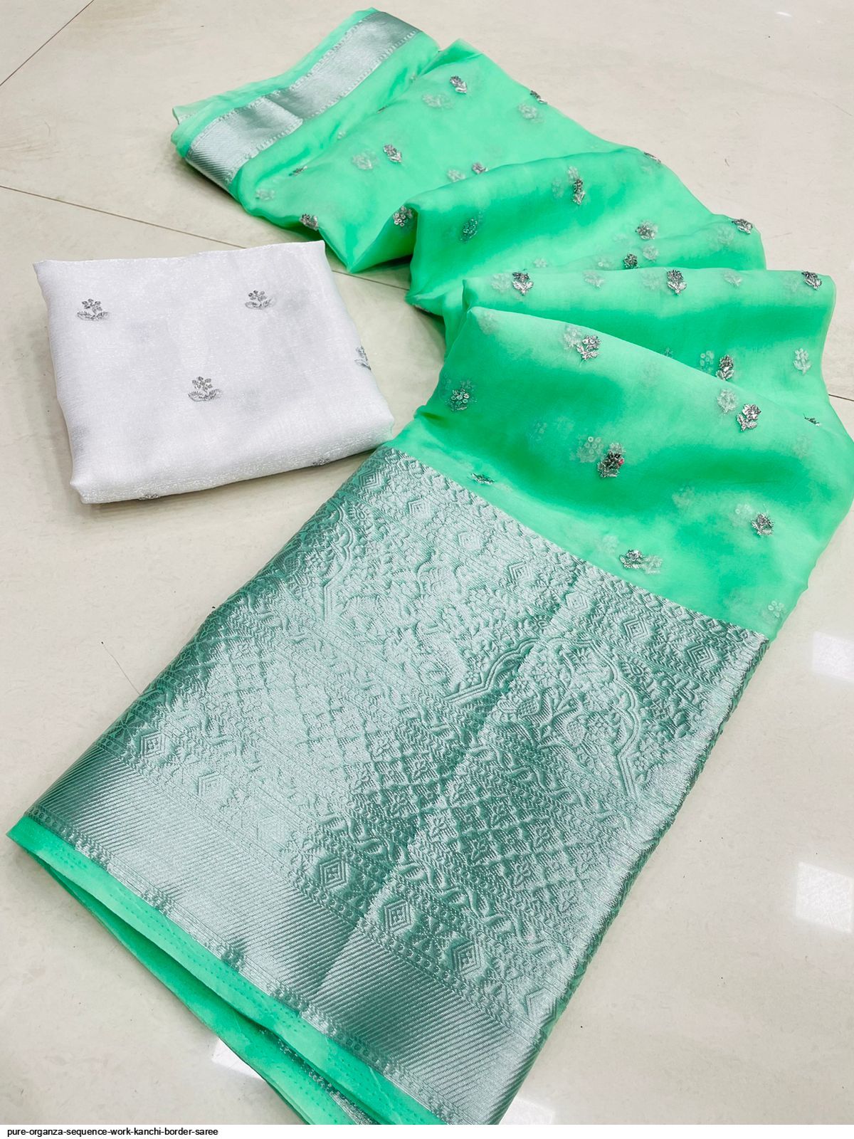 Pure organza sequence work Kanchi border saree