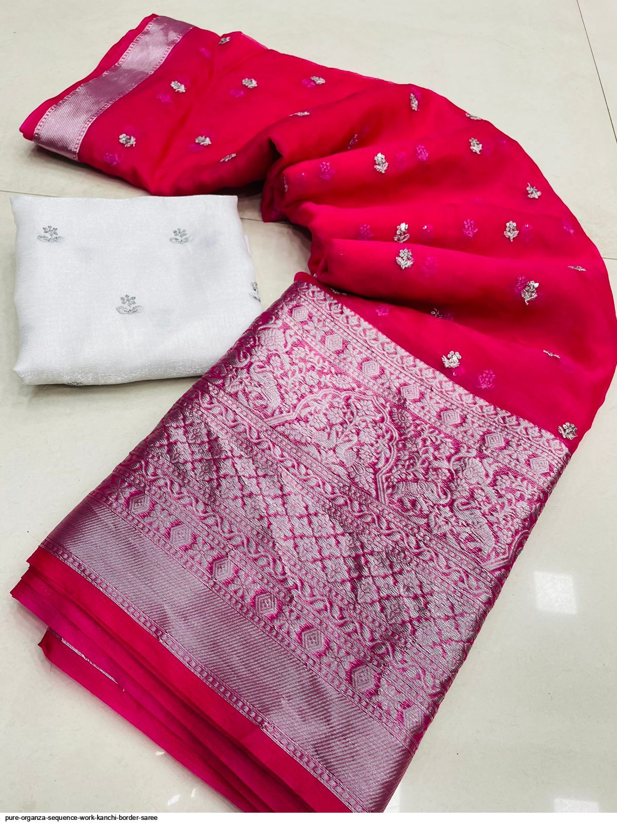 Pure organza sequence work Kanchi border saree