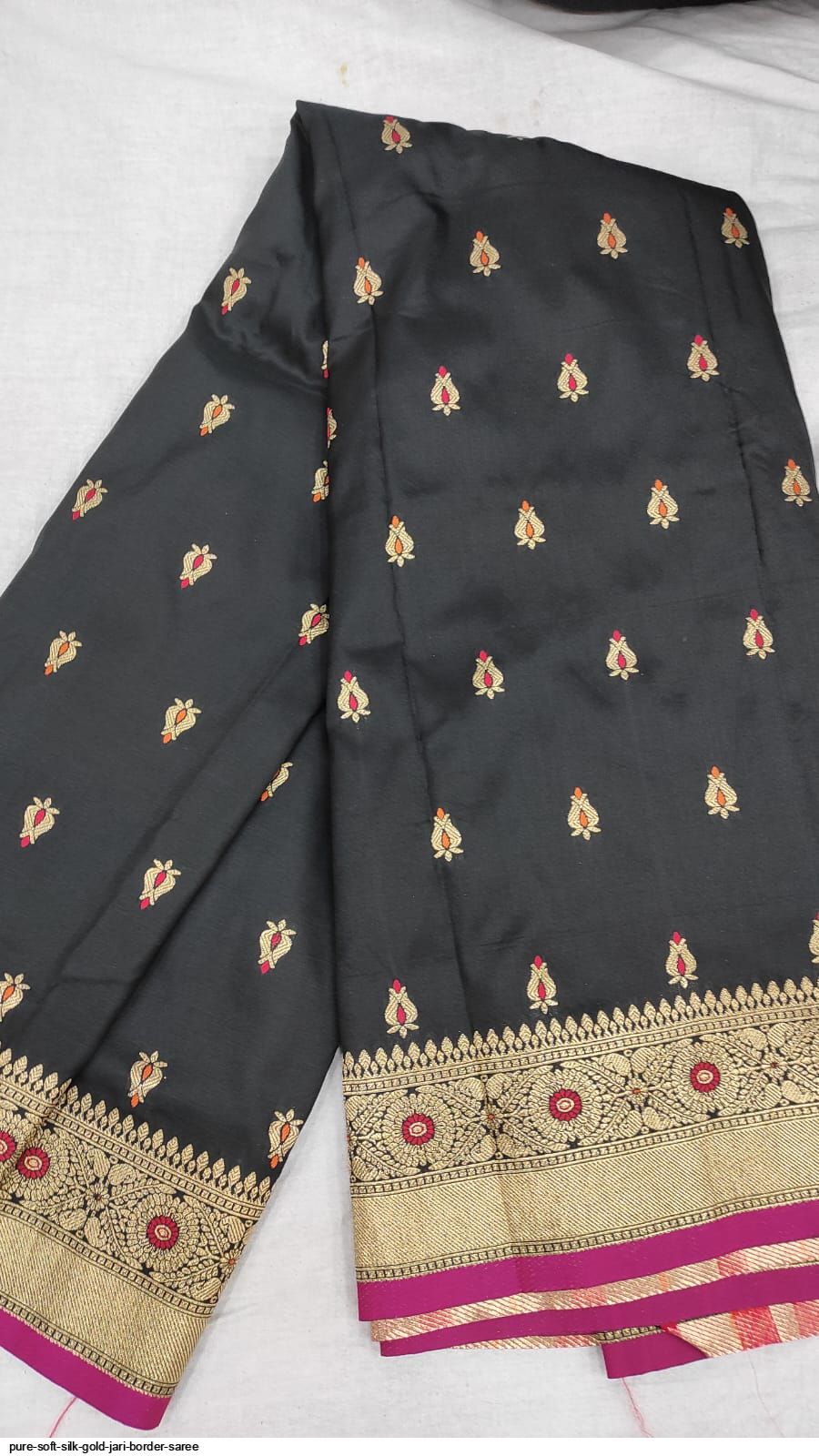 pure soft silk gold jari border saree