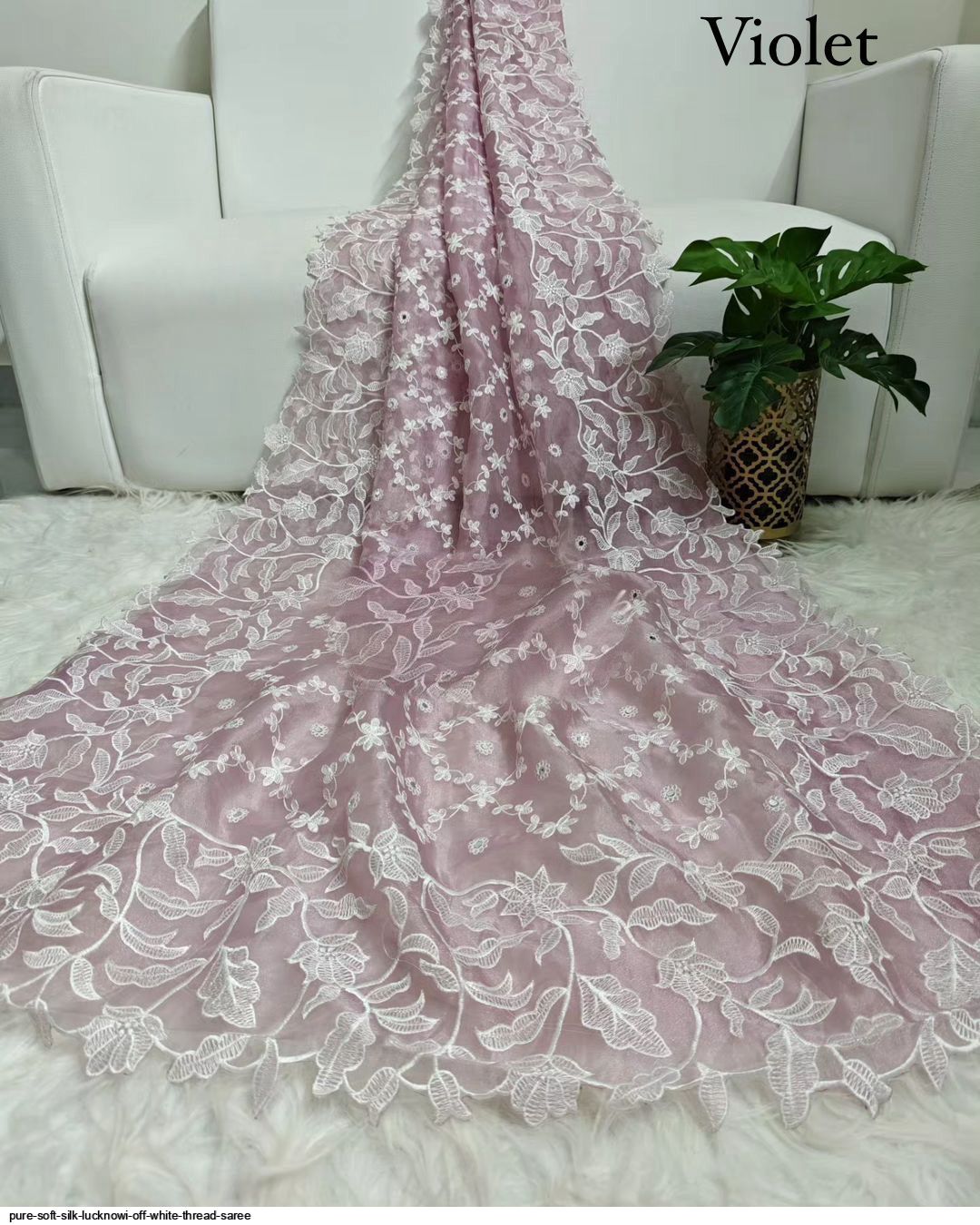 Pure soft silk Lucknowi off white thread saree