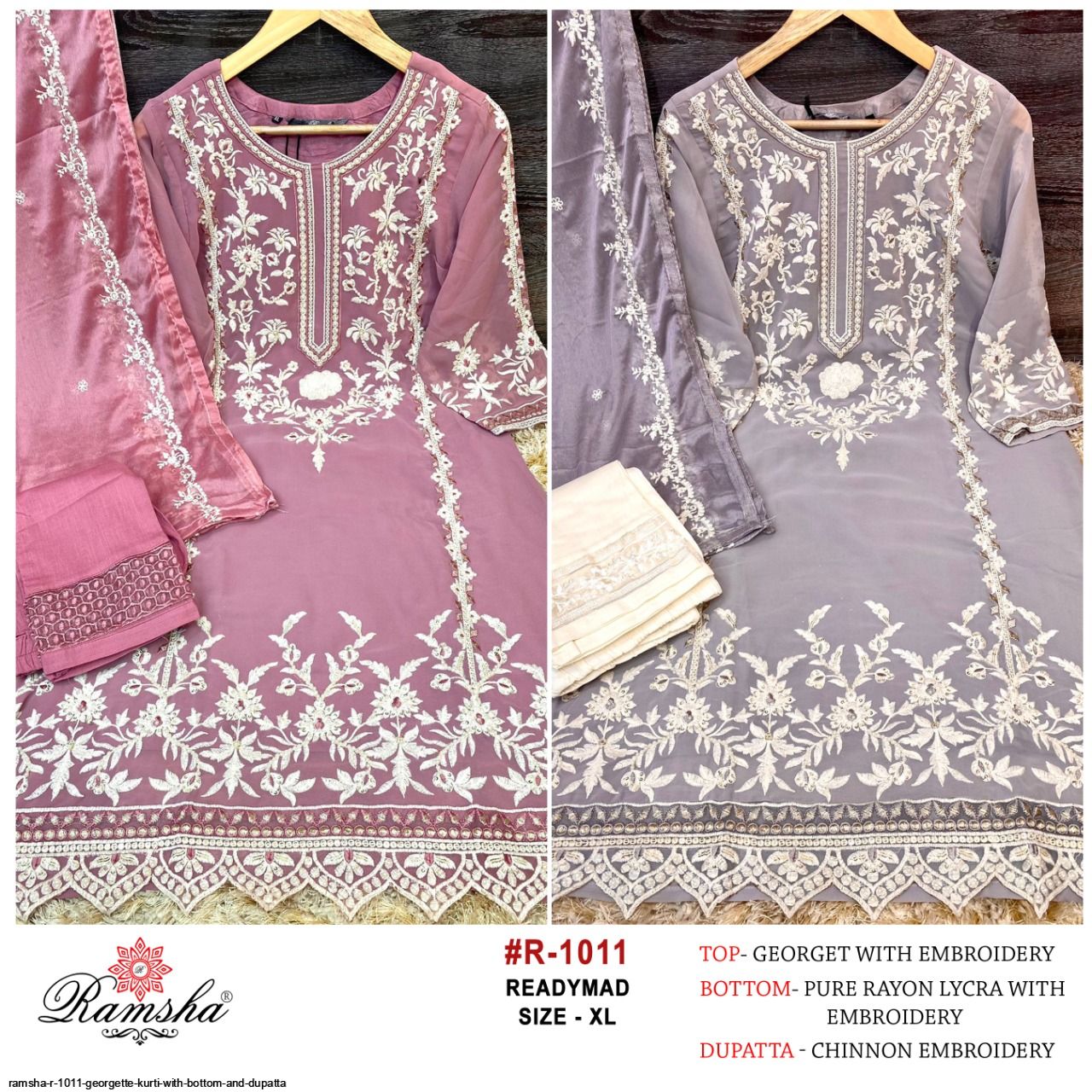 RAMSHA R 1011 GEORGETTE KURTI WITH BOTTOM AND DUPATTA