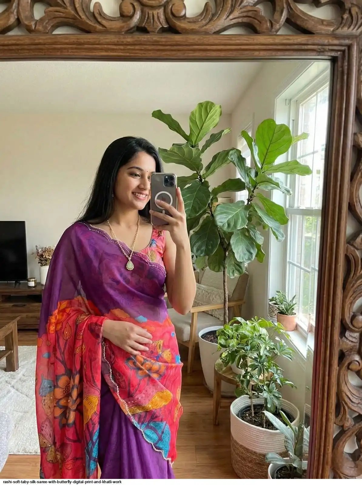 Rashi Soft Taby Silk Saree with Butterfly Digital Print and Khatli Work