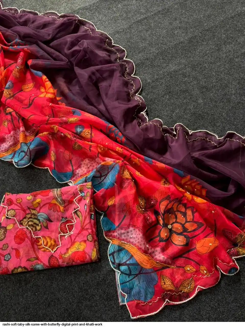 Rashi Soft Taby Silk Saree with Butterfly Digital Print and Khatli Work