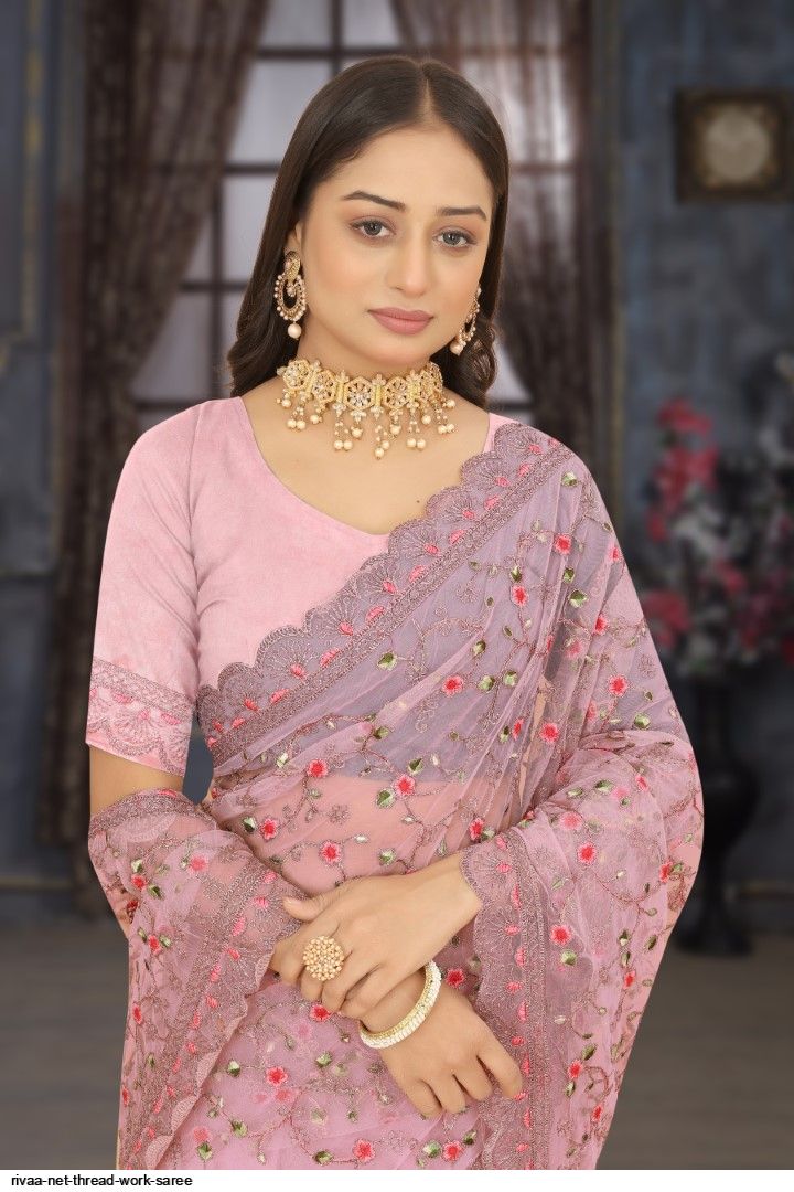 RIVAA NET THREAD WORK SAREE