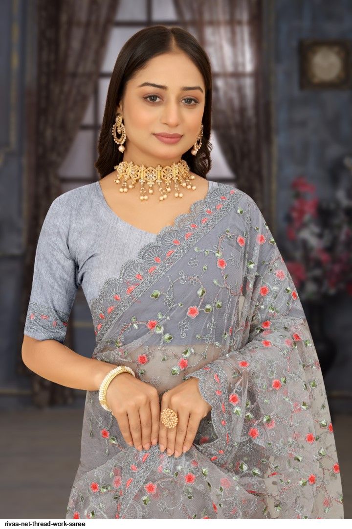RIVAA NET THREAD WORK SAREE