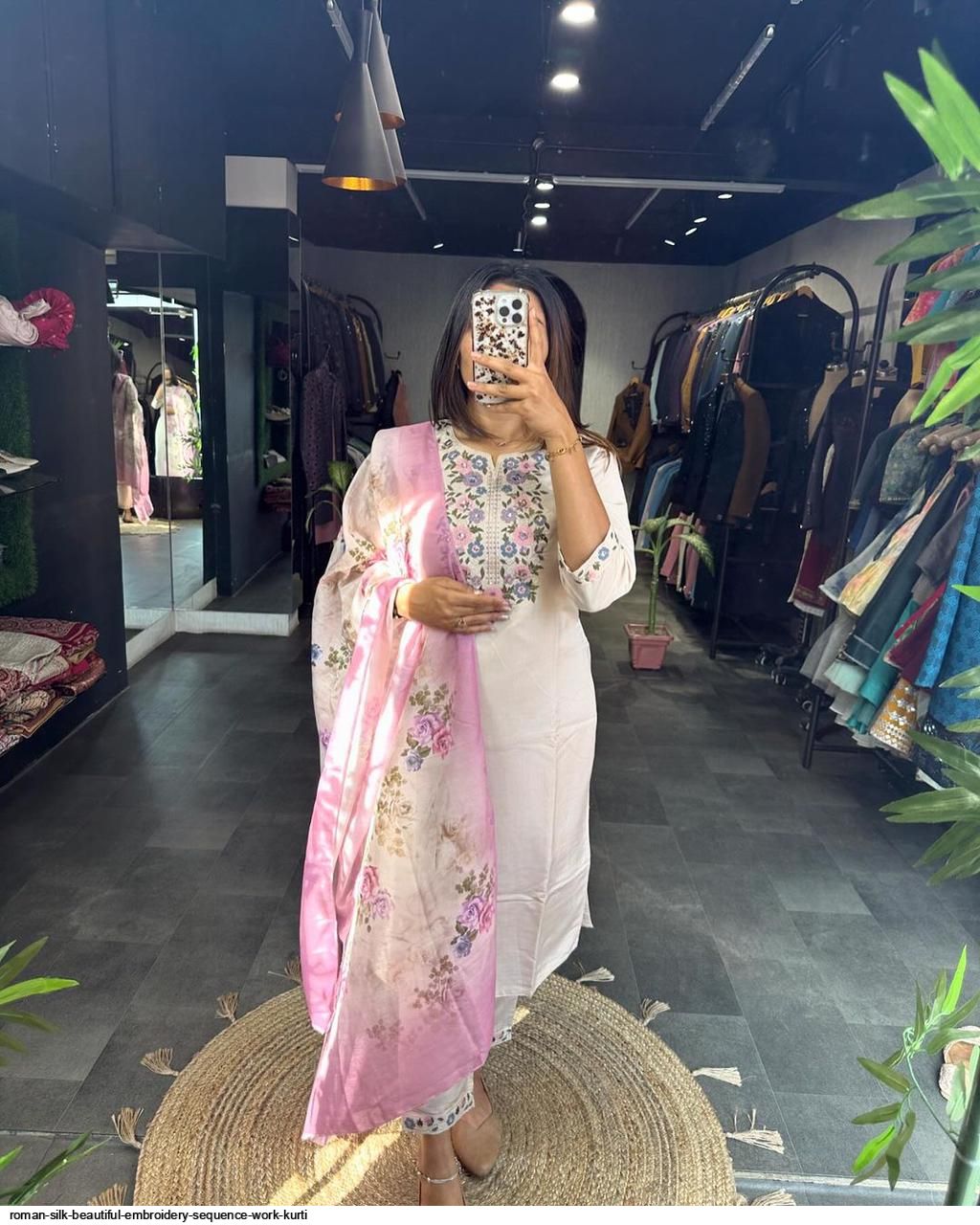 Roman Silk Beautiful Embroidery Sequence Work kurti