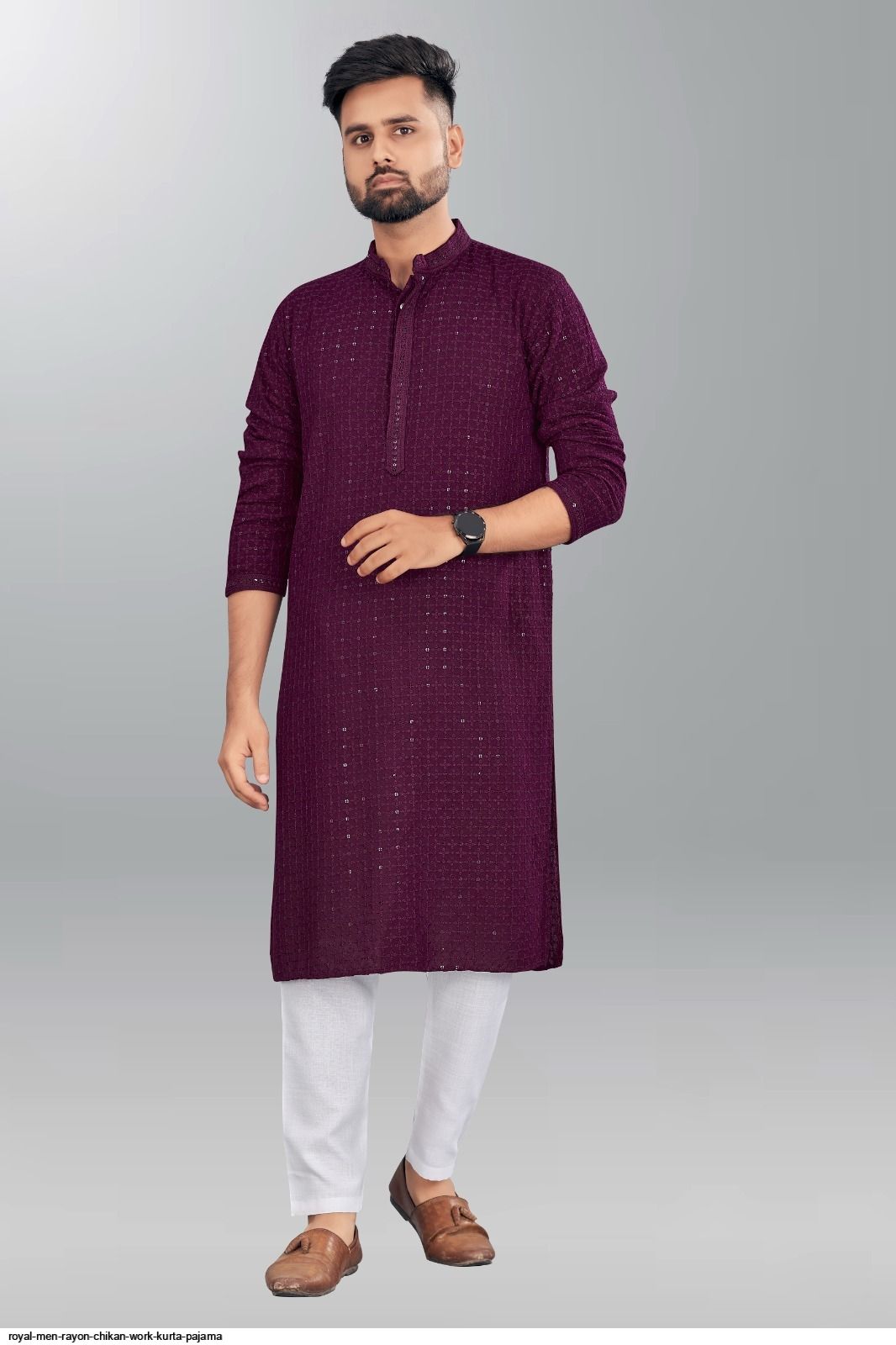 ROYAL MEN RAYON CHIKAN WORK KURTA PAJAMA