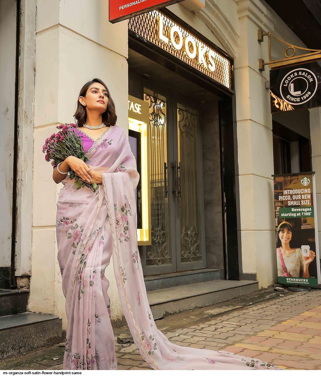 RRS organza soft satin flower handprint SAREE