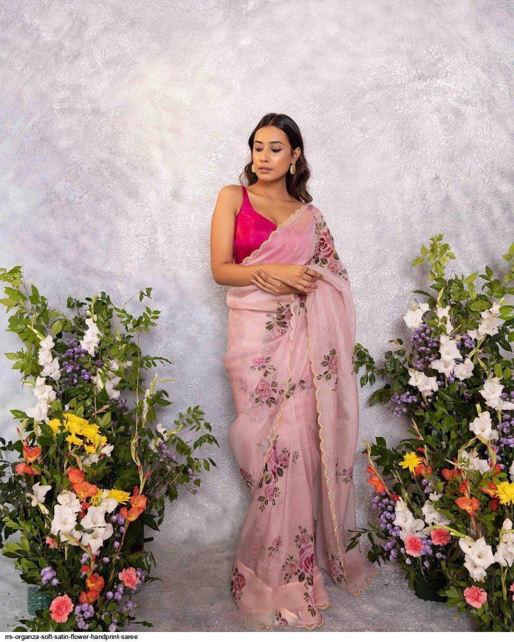 RRS organza soft satin flower handprint SAREE