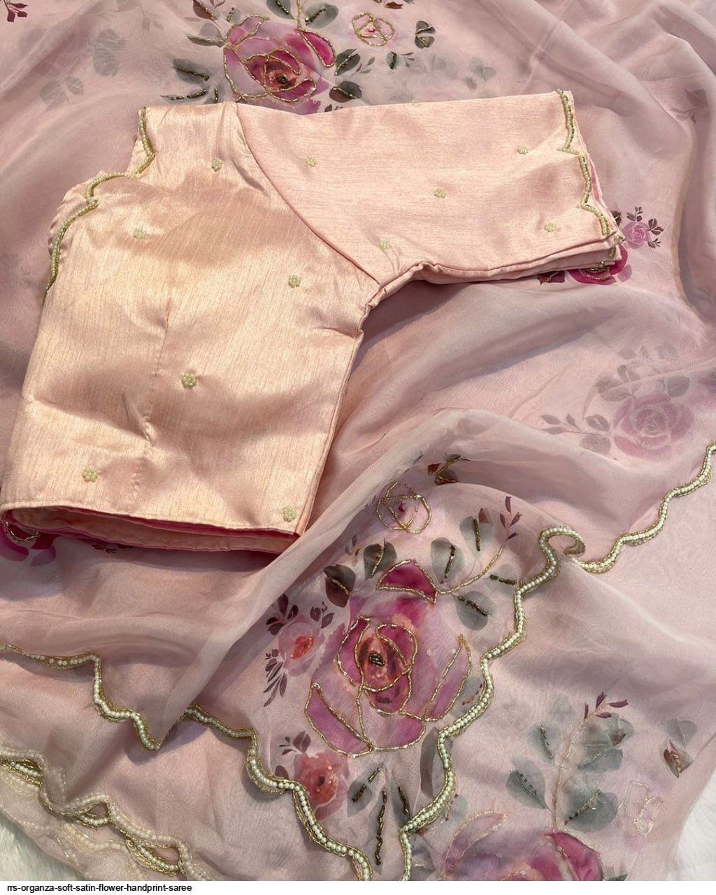 RRS organza soft satin flower handprint SAREE