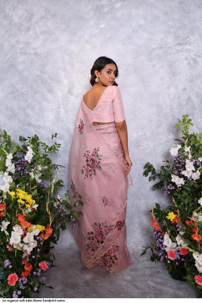 RRS organza soft satin flower handprint SAREE