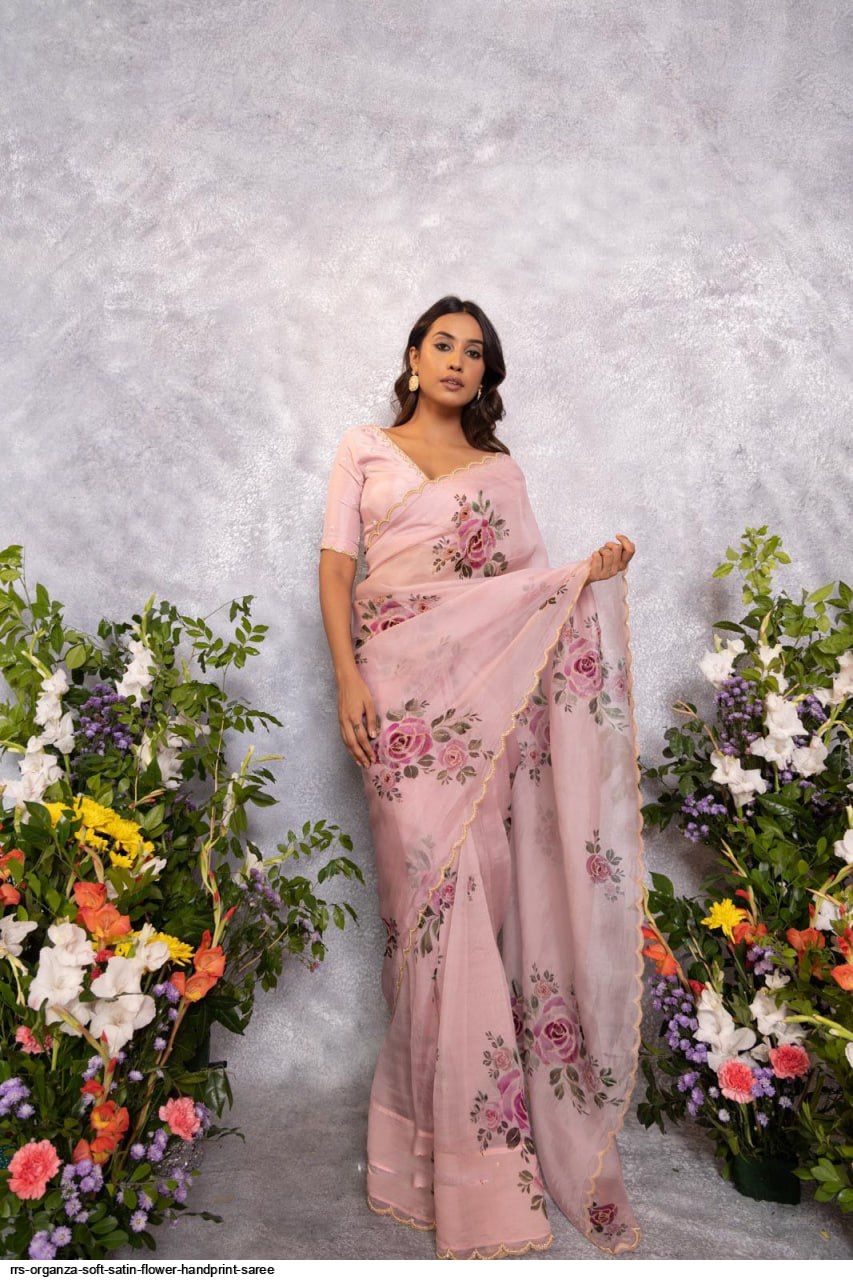RRS organza soft satin flower handprint SAREE