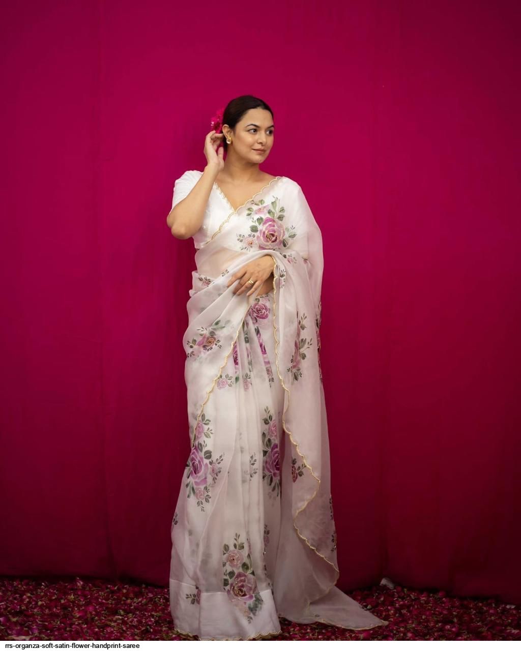 RRS organza soft satin flower handprint SAREE