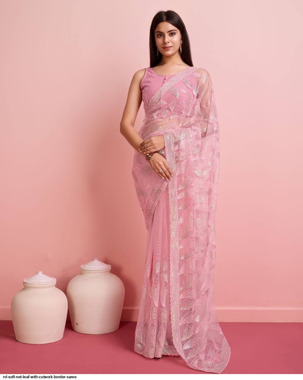 RVL Soft Net Leaf With Cutwork Border SAREE
