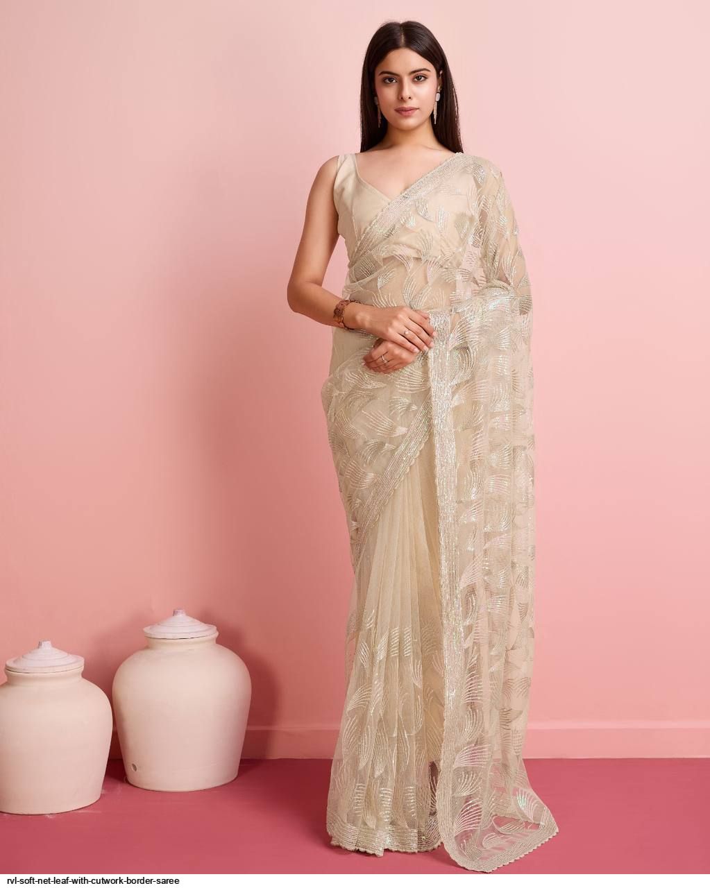 RVL Soft Net Leaf With Cutwork Border SAREE