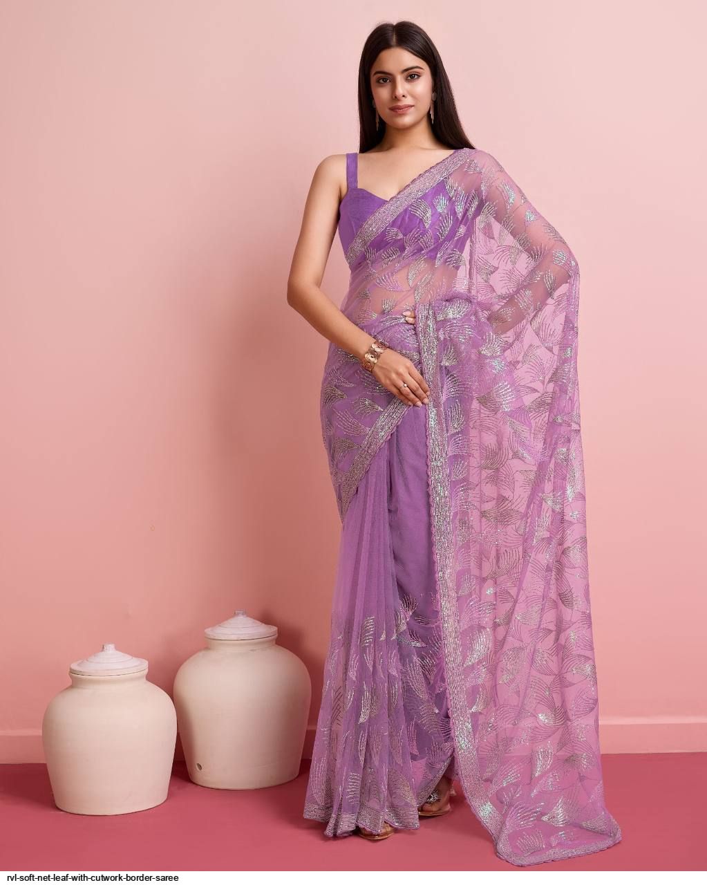 RVL Soft Net Leaf With Cutwork Border SAREE