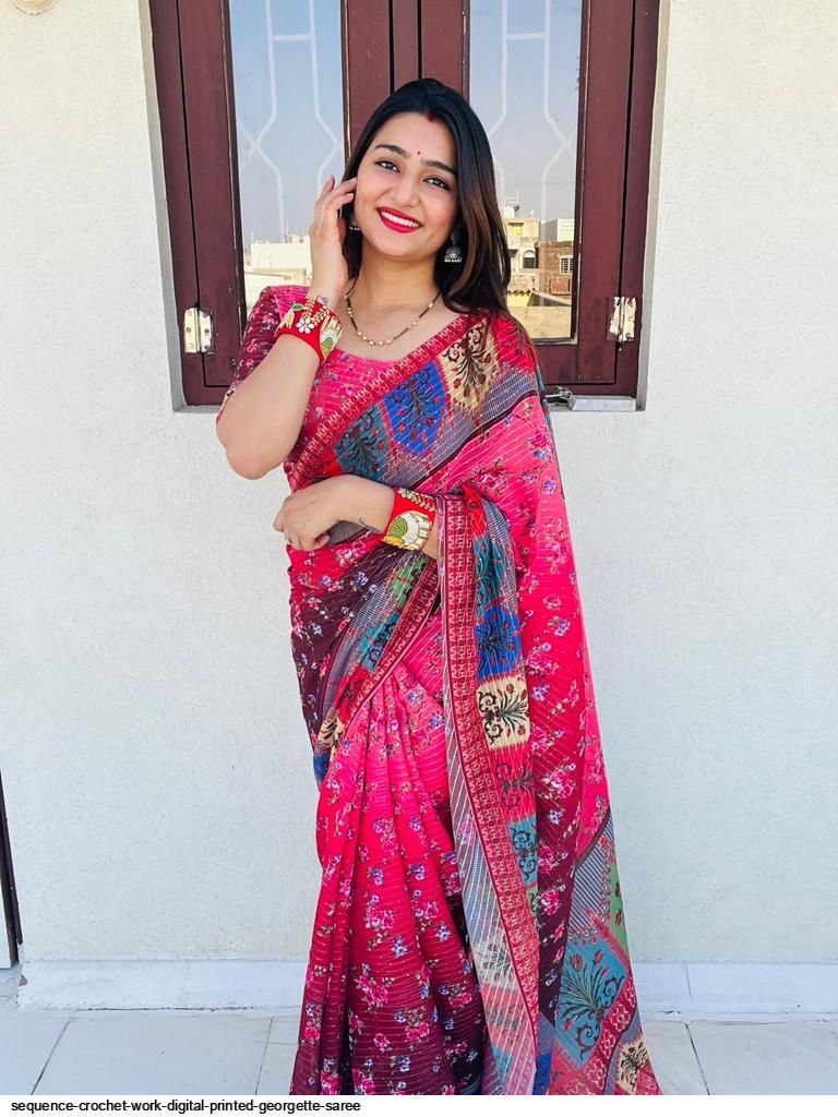 sequence crochet work Digital printed Georgette saree