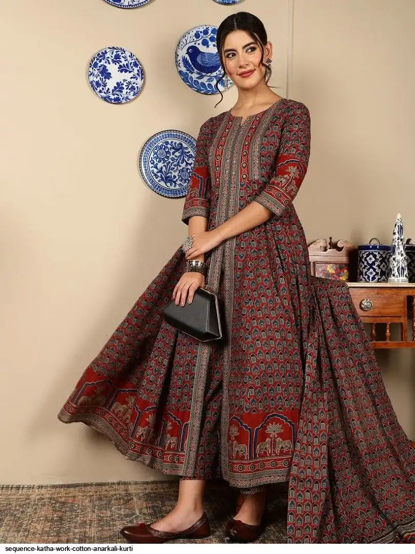 sequence katha work cotton anarkali kurti