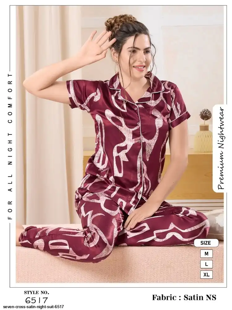 Seven Cross Satin Night Suit Wholesale | 6517