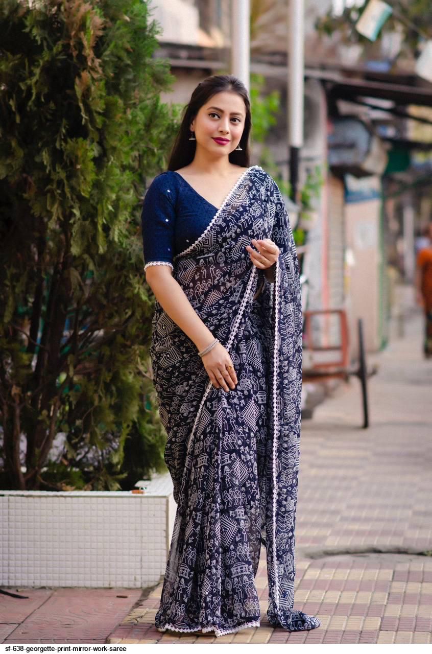 SF 638 GEORGETTE PRINT MIRROR WORK SAREE