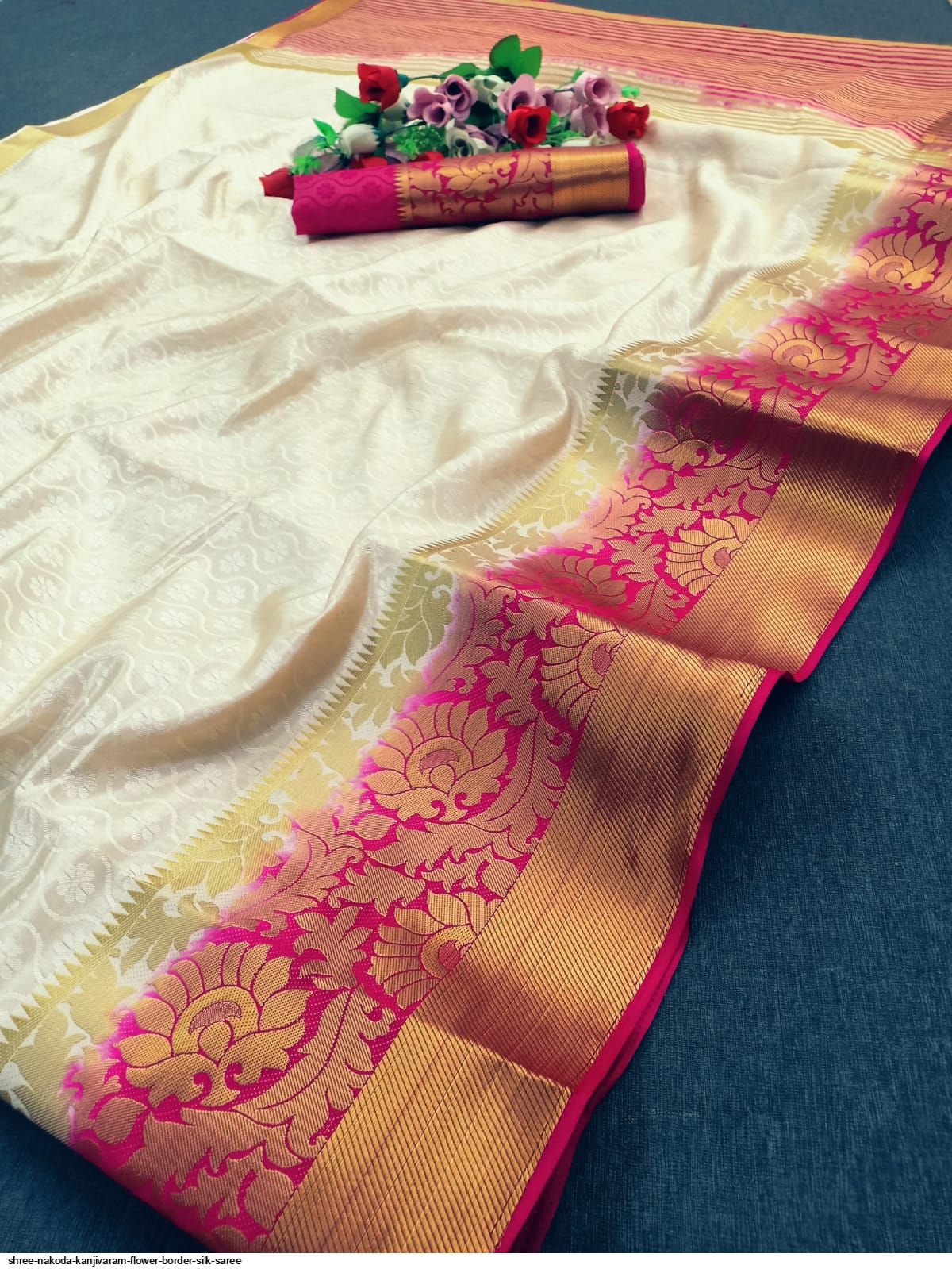 SHREE NAKODA KANJIVARAM FLOWER BORDER SILK SAREE