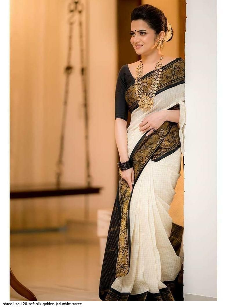 SHREEJI SC 120 SOFT SILK GOLDEN JARI WHITE SAREE