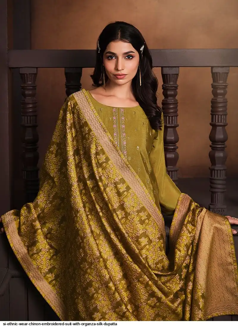SI Ethnic Wear Chinon Embroidered Suit with Organza Silk Dupatta