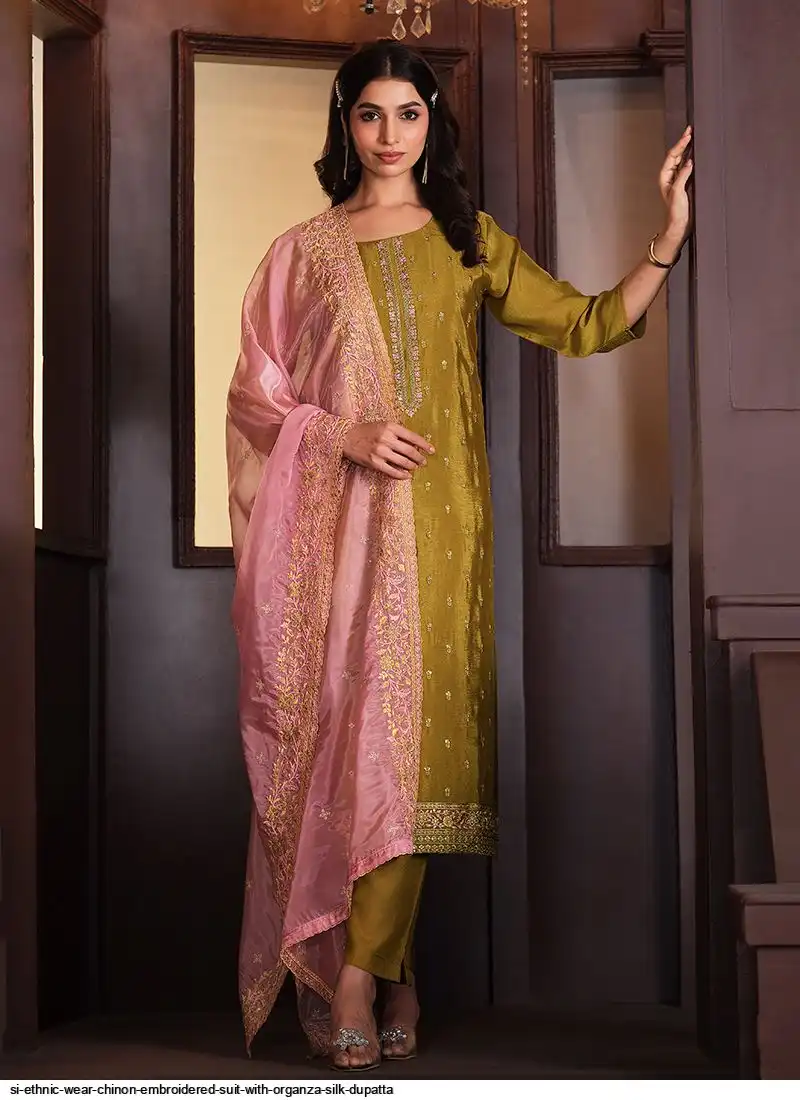 SI Ethnic Wear Chinon Embroidered Suit with Organza Silk Dupatta