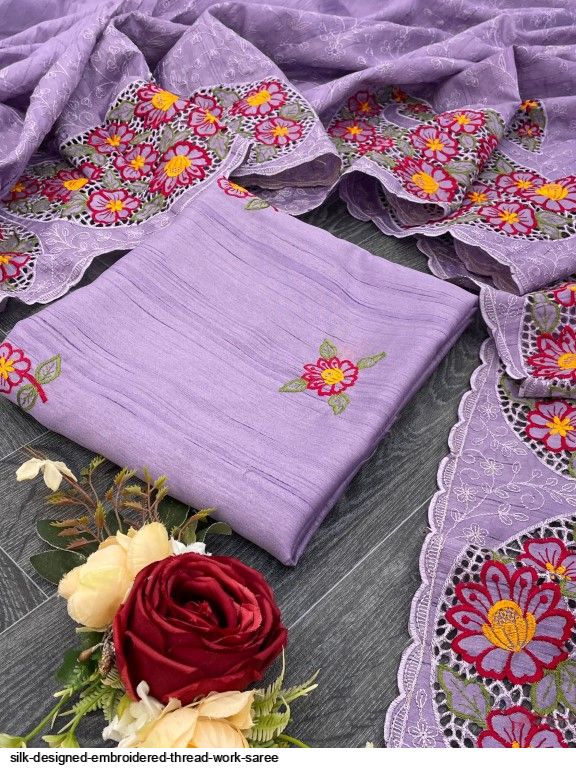 silk designed embroidered thread work saree