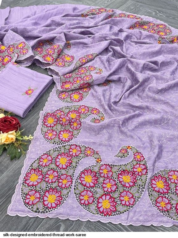 silk designed embroidered thread work saree