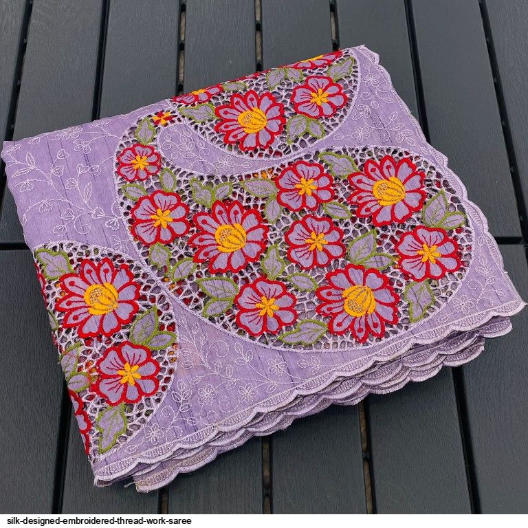 silk designed embroidered thread work saree