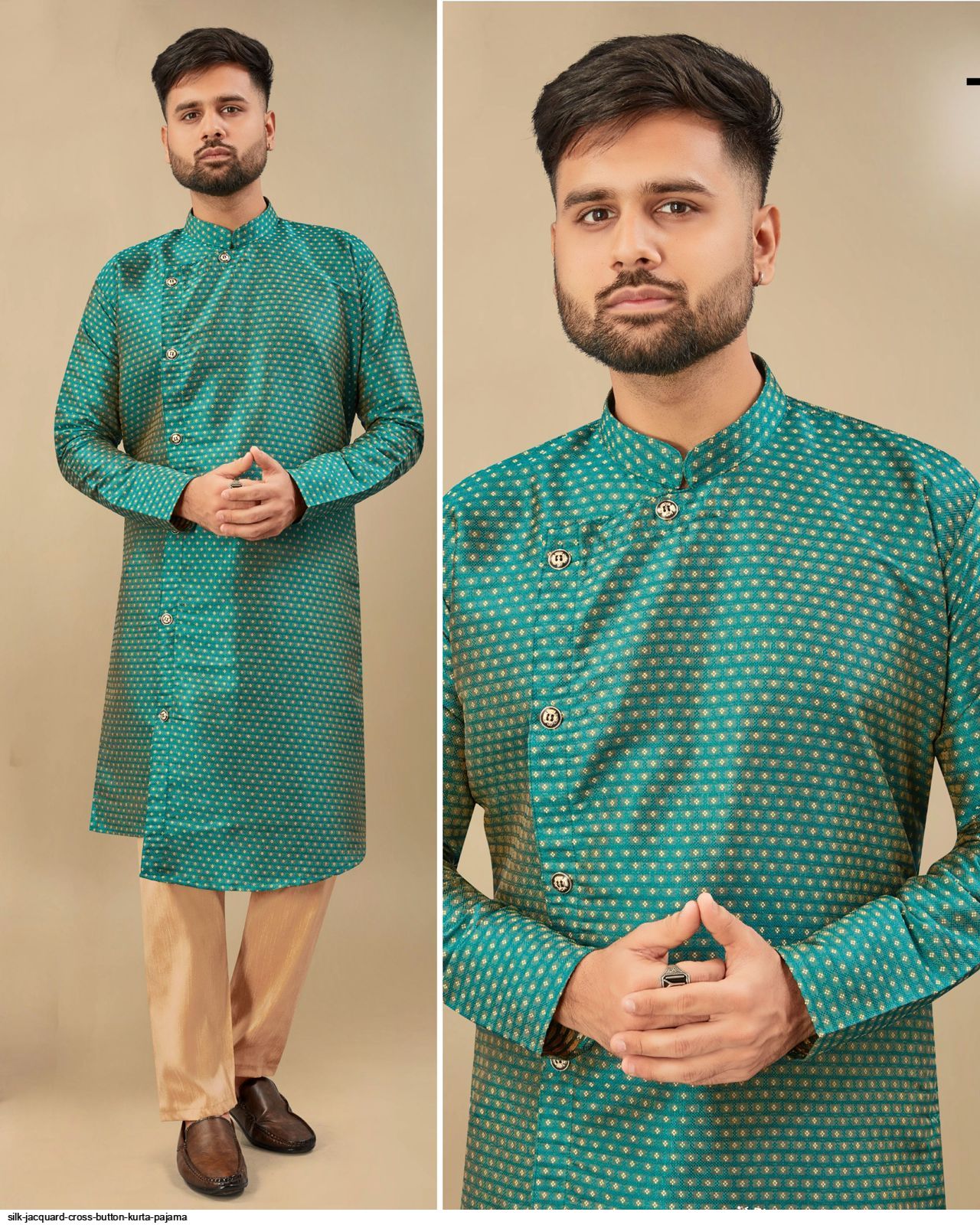 Silk Jacquard Cross button Kurta pajama