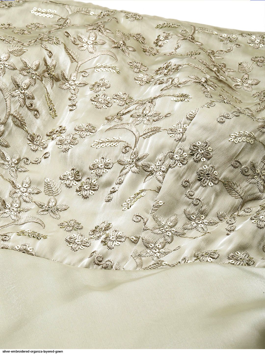 Silver Embroidered Organza Layered Gown