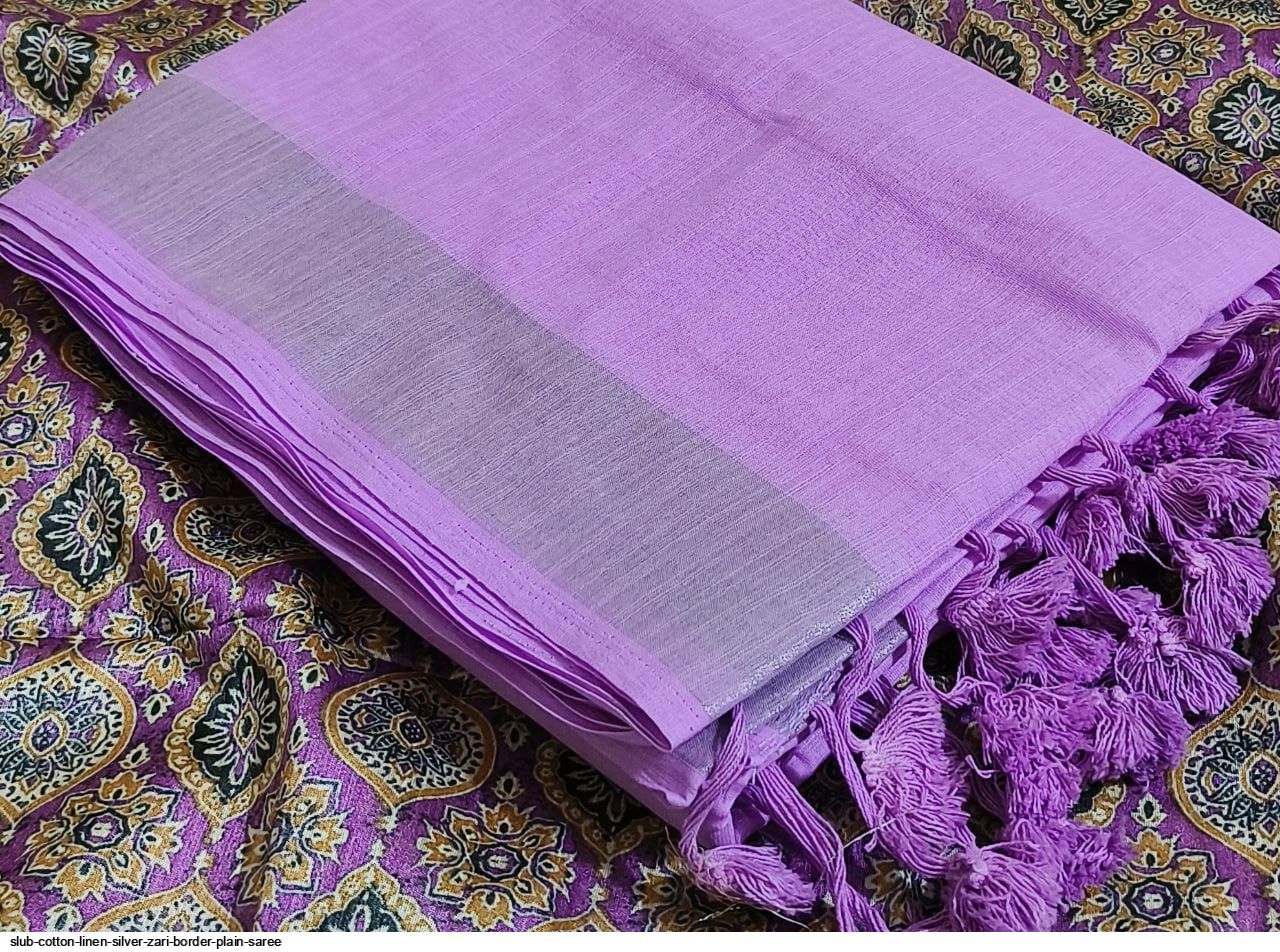 SLUB COTTON LINEN SILVER ZARI BORDER PLAIN SAREE